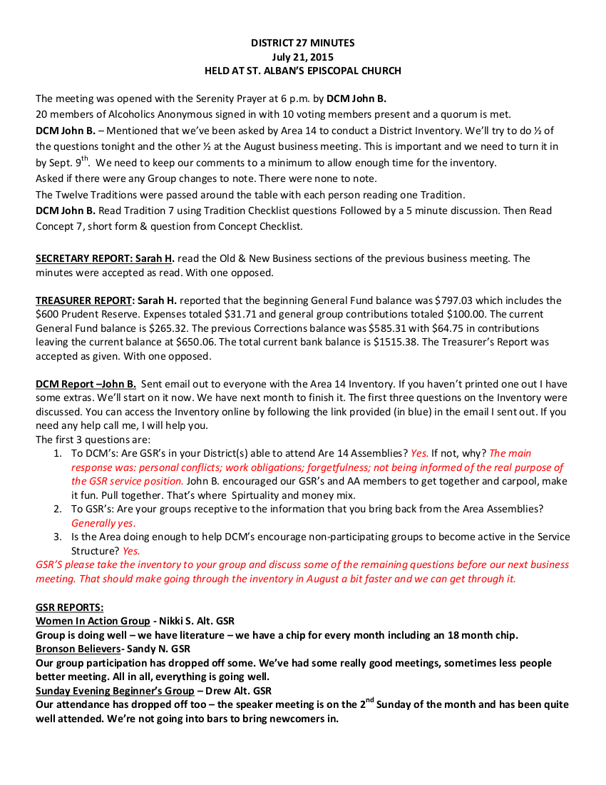 District 27 Minutes – District 27 AA
